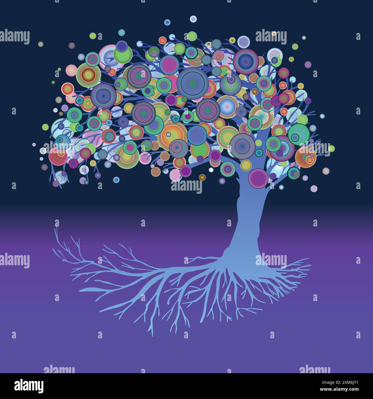 A blue tree of life or yggdrasil with round gradient flowers. The tree ...