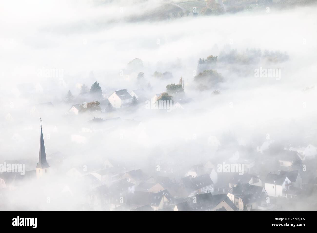Scenic view of Wolf an der Mosel village in Germany with fog over the ...