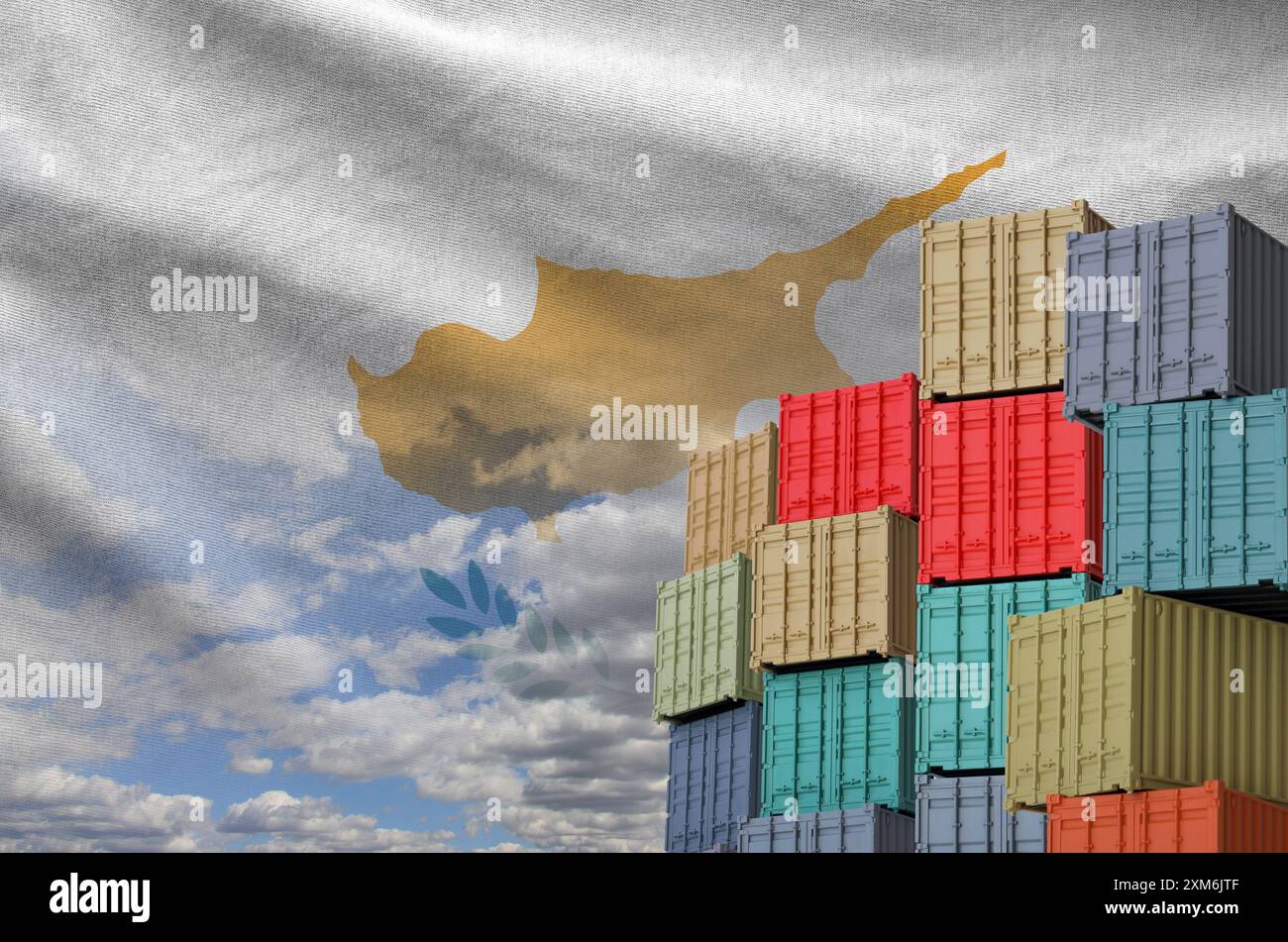 Cyprus flag and big stack of shipping cargo containers in docks with ...