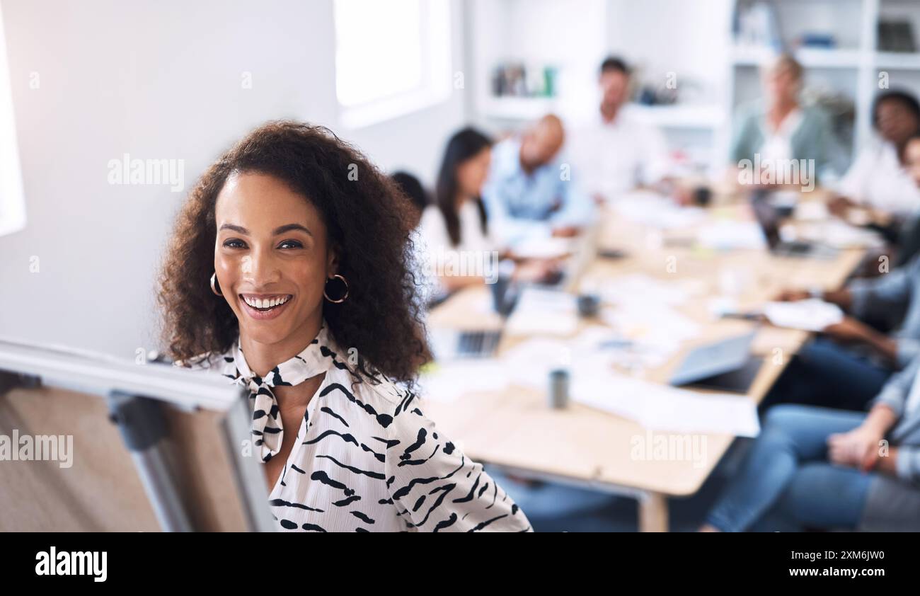 Business woman, presentation and portrait with whiteboard ...
