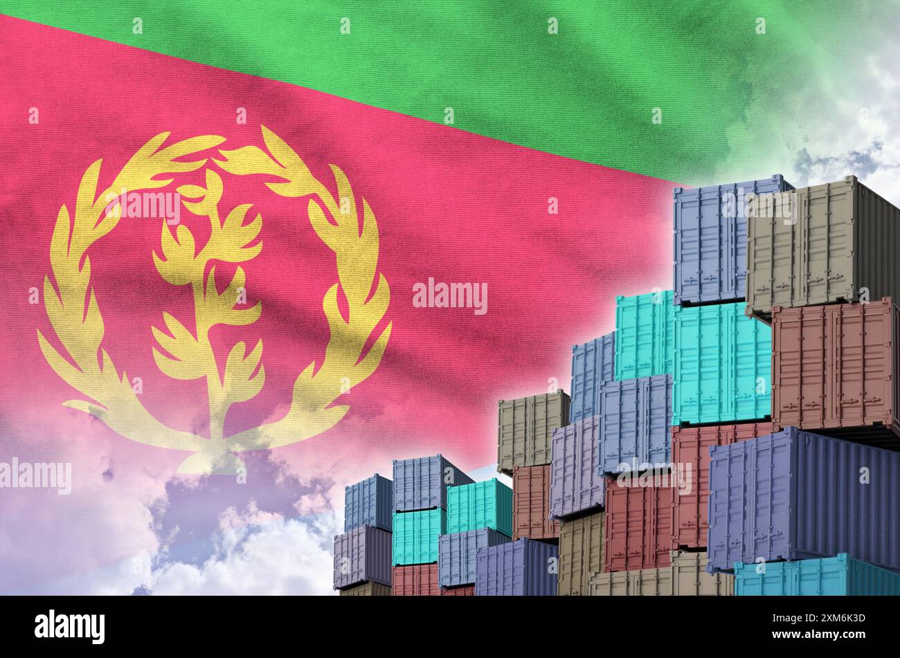 Eritrea flag and big stack of shipping cargo containers in docks with ...