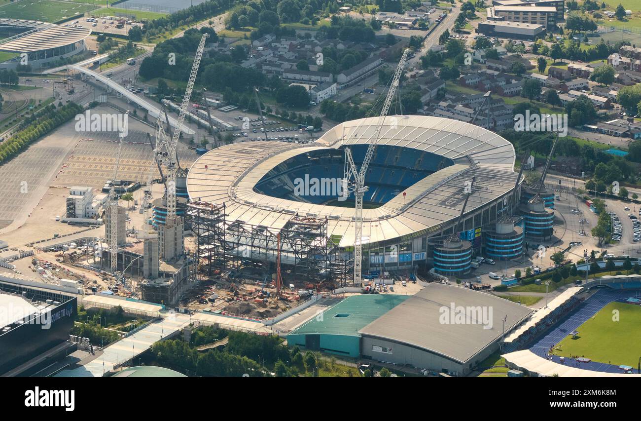 an aerial view of extension and upgrade works on the Etihad Stadium ...