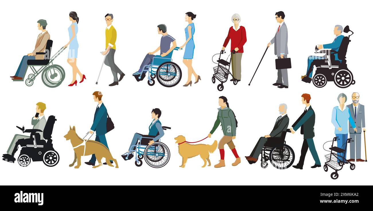 Group of people with disabilities and walking aids, illustration ...