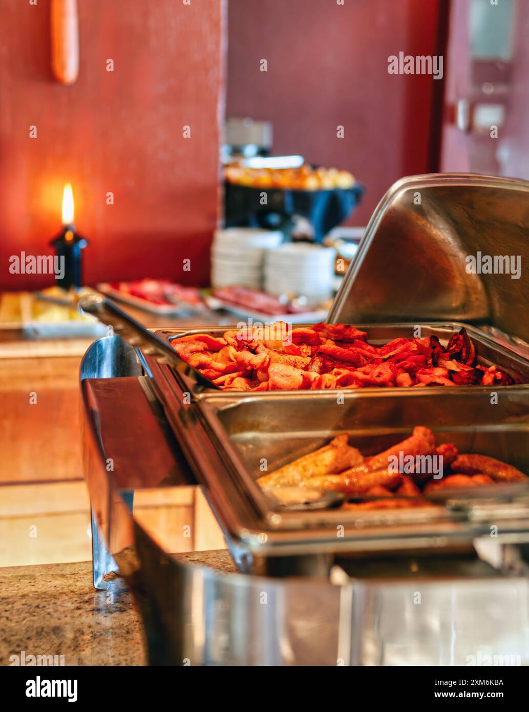 continental breakfast buffet station, sausages and bacon Stock Photo ...