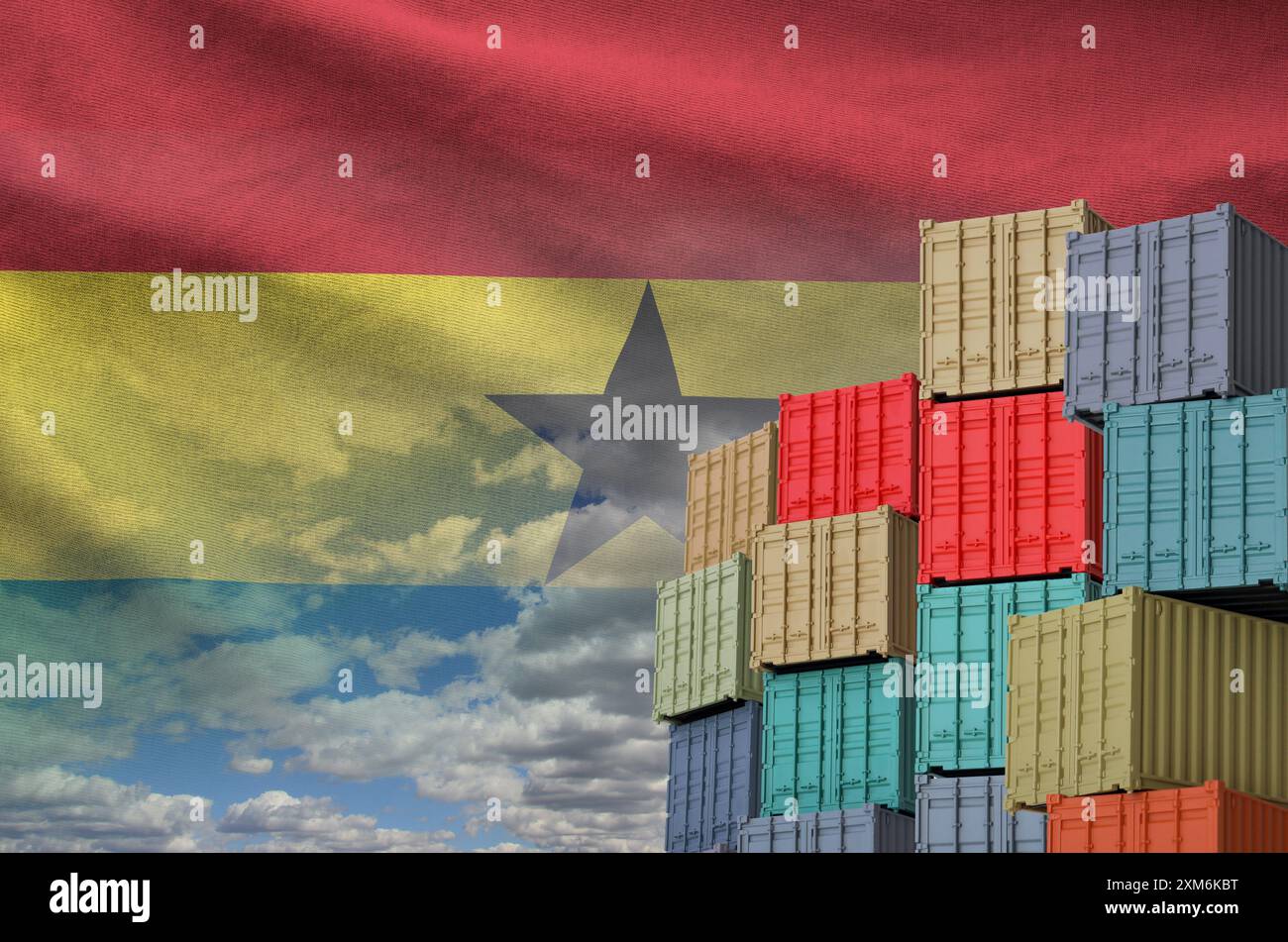 Ghana flag and big stack of shipping cargo containers in docks with sky ...