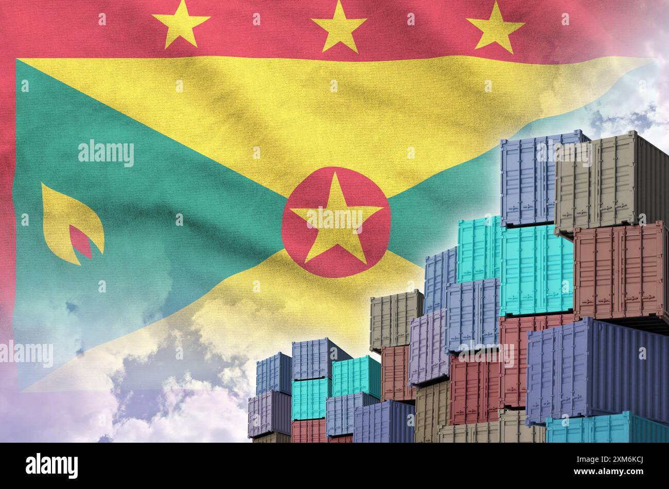 Grenada flag and big stack of shipping cargo containers in docks with ...