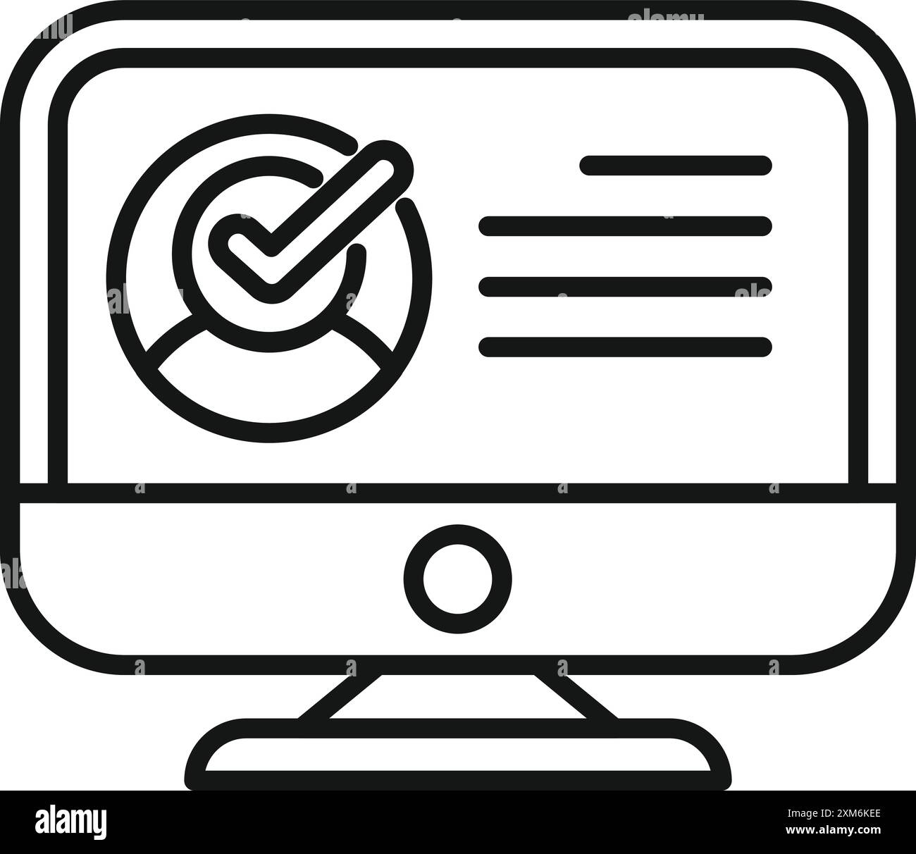 Line art style icon of a user profile on a computer screen with a check ...