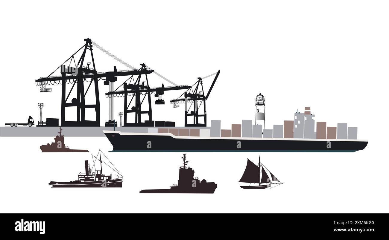Port terminal with ships illustration Stock Photo - Alamy