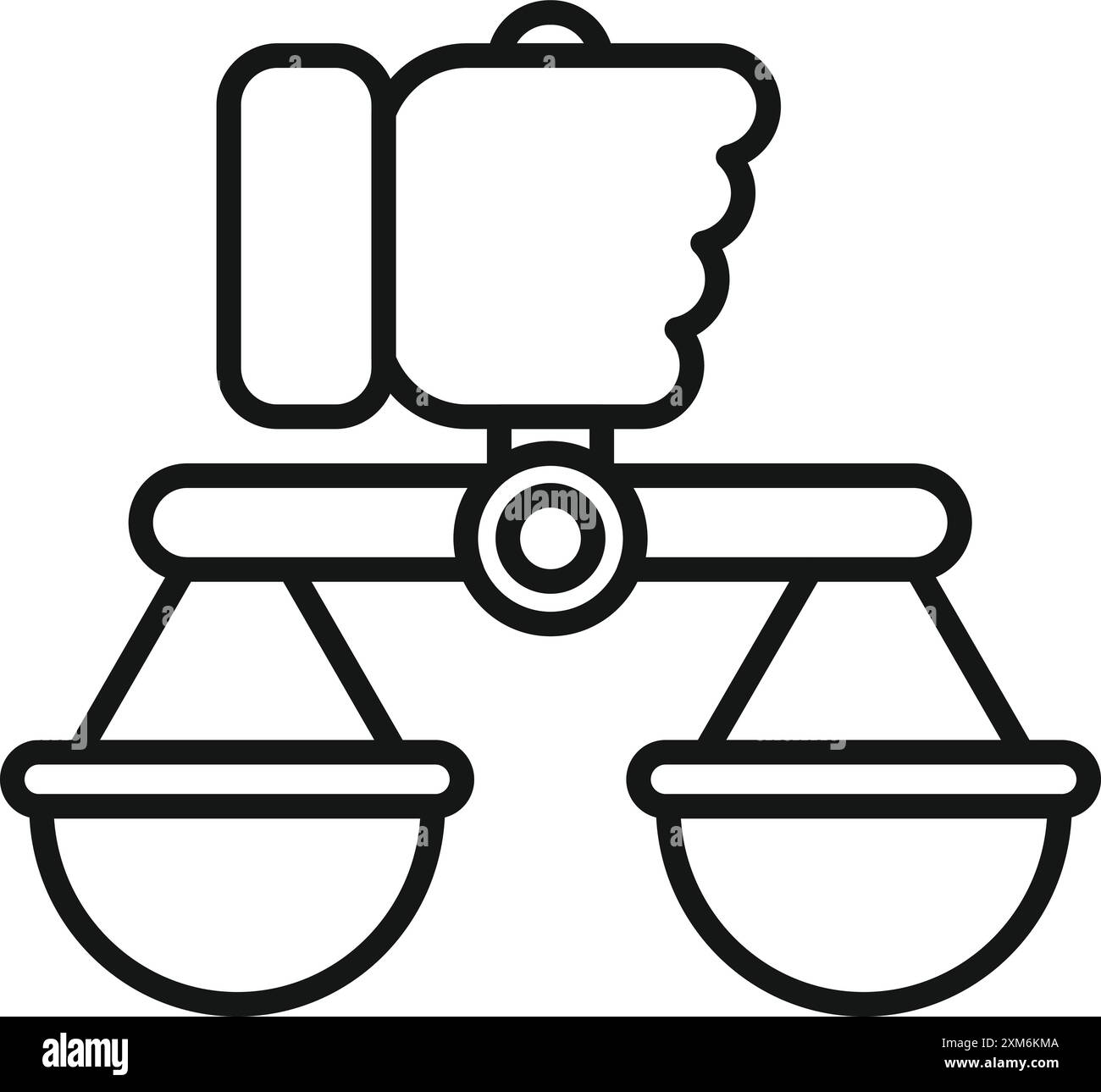 Line icon of a hand controlling a balance scale with two empty bowls ...