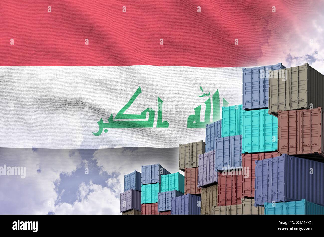 Iraq flag and big stack of shipping cargo containers in docks with sky ...