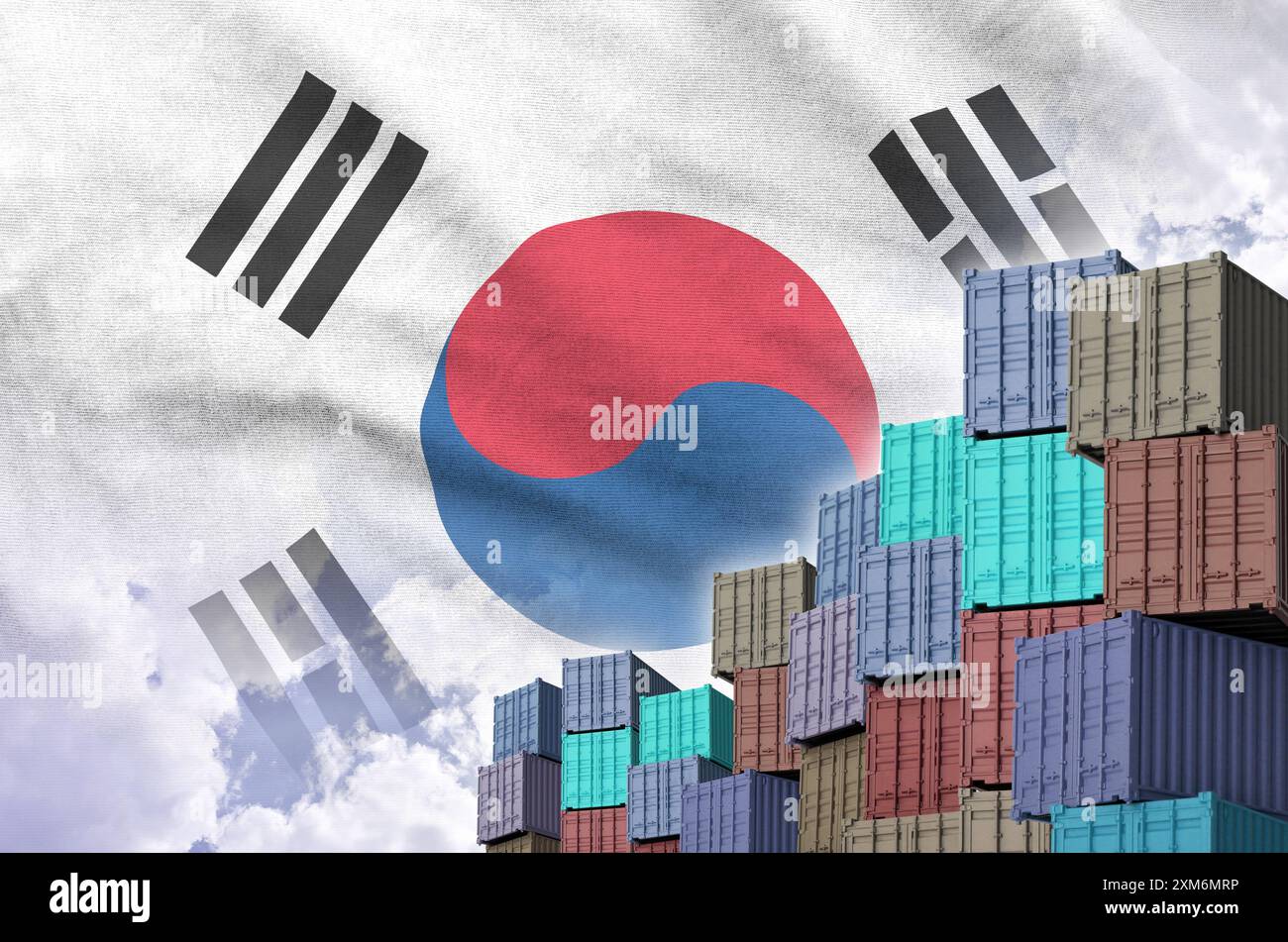 South Korea flag and big stack of shipping cargo containers in docks ...