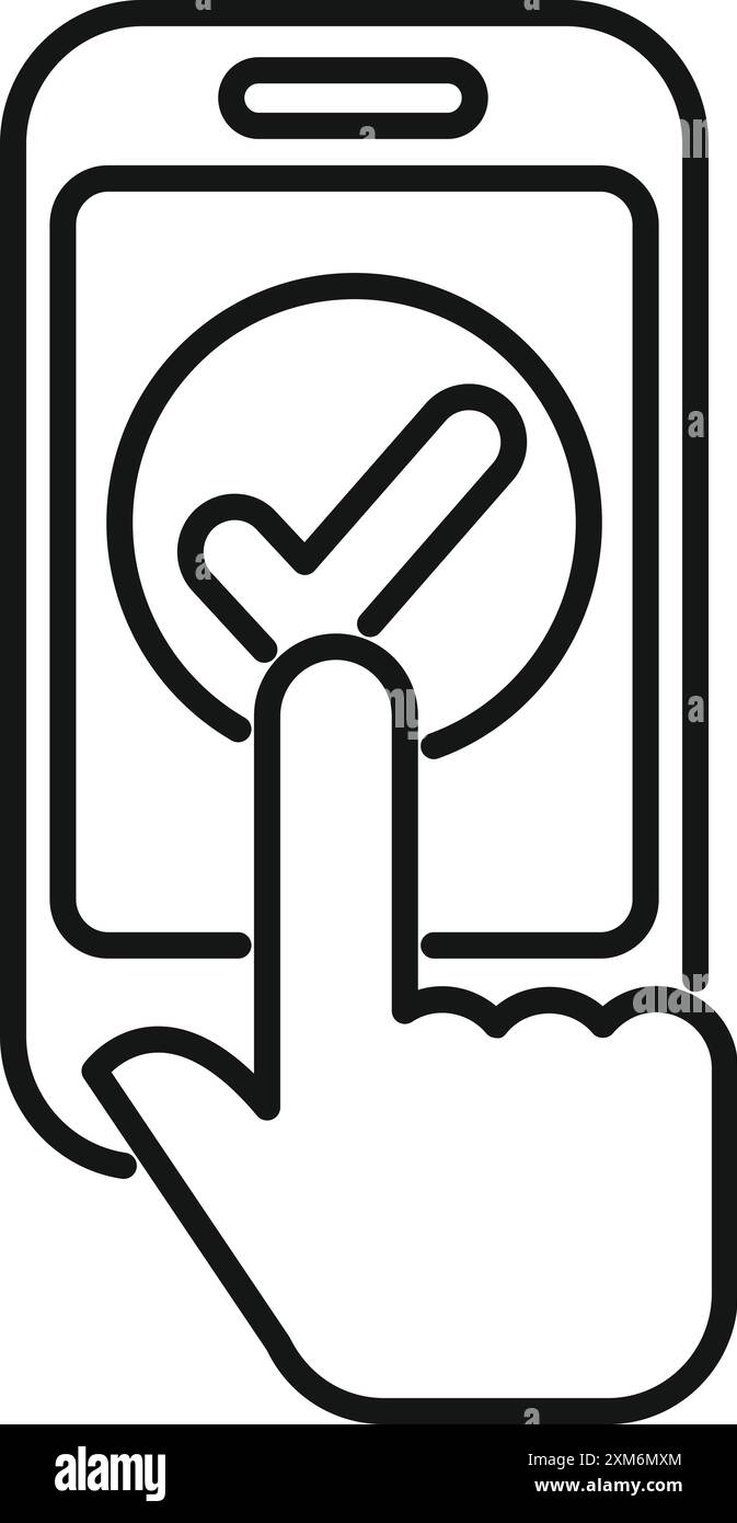 Hand holding a smartphone is tapping a checkmark icon, approving an ...
