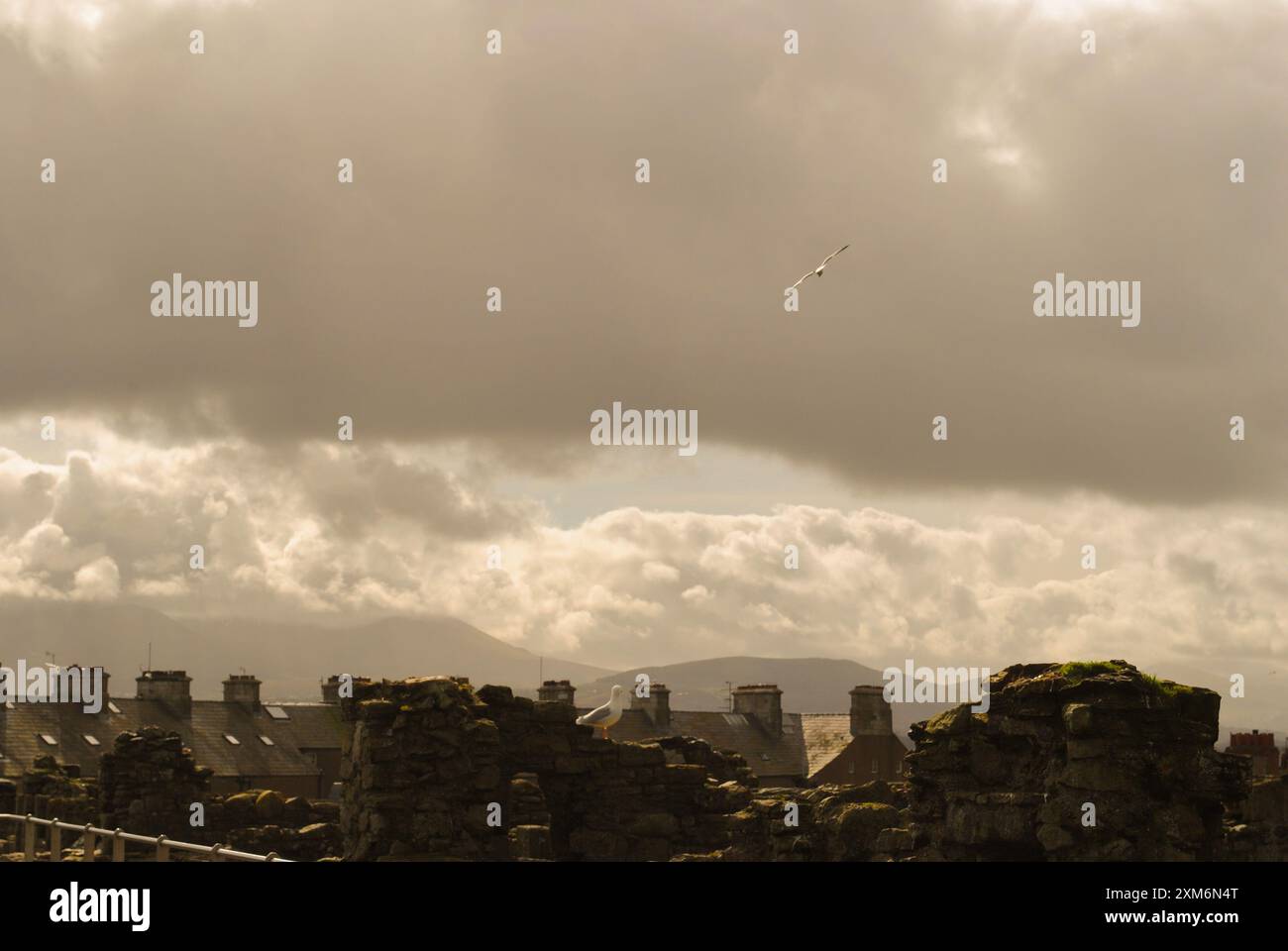 Beaumaris castle Anglesey wales with view over Snowdonia mountain range ...