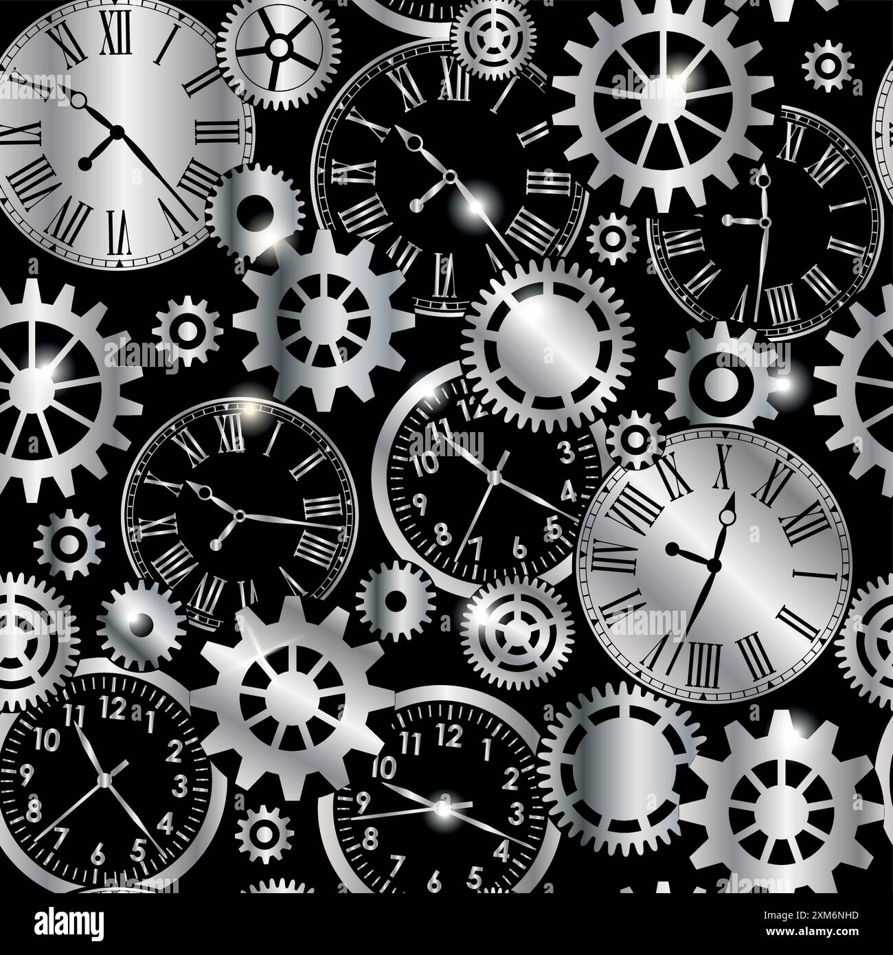 Silver metallic mechanical gears and clocks seamless pattern on black ...