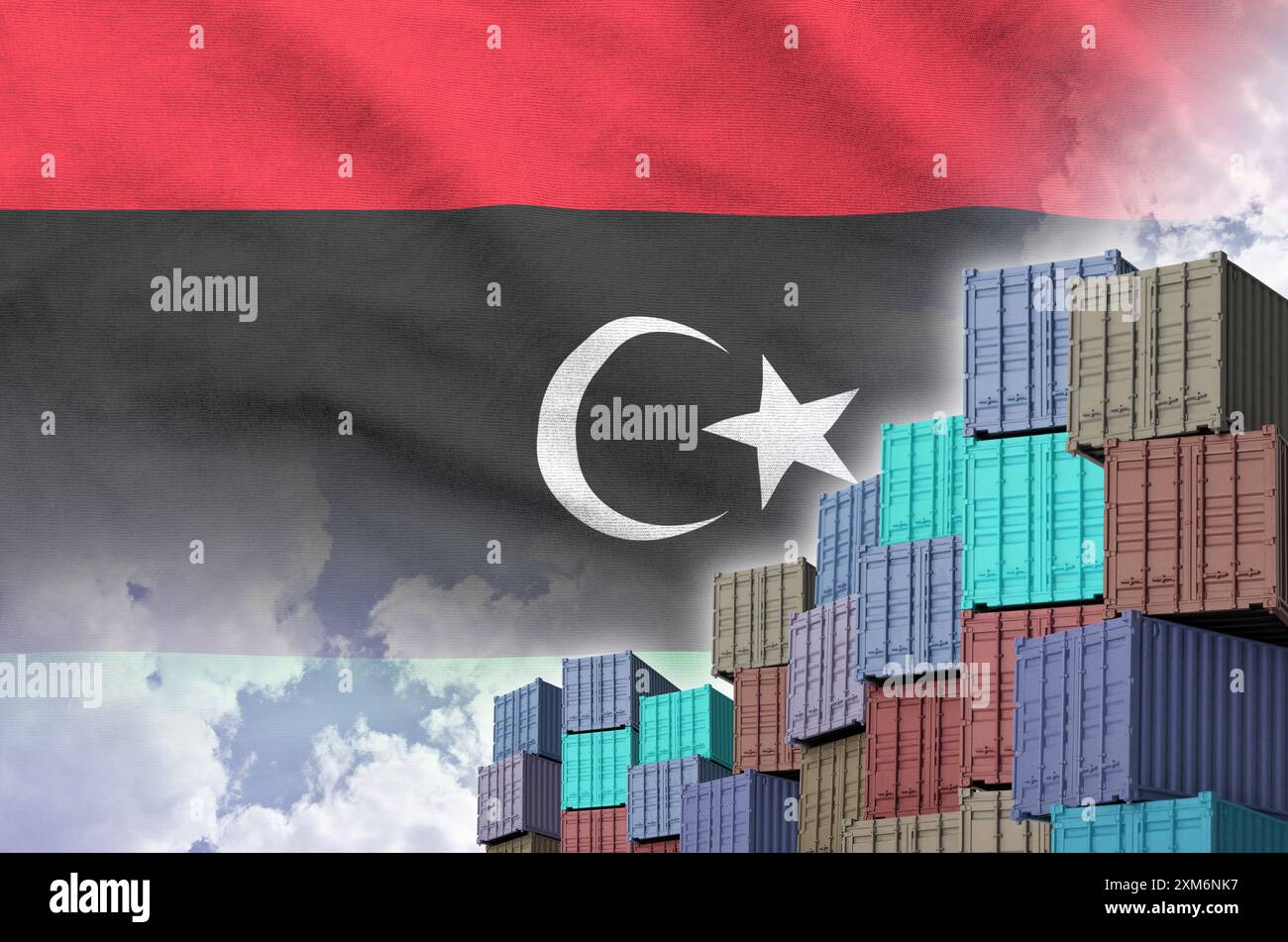 Libya flag and big stack of shipping cargo containers in docks with sky ...