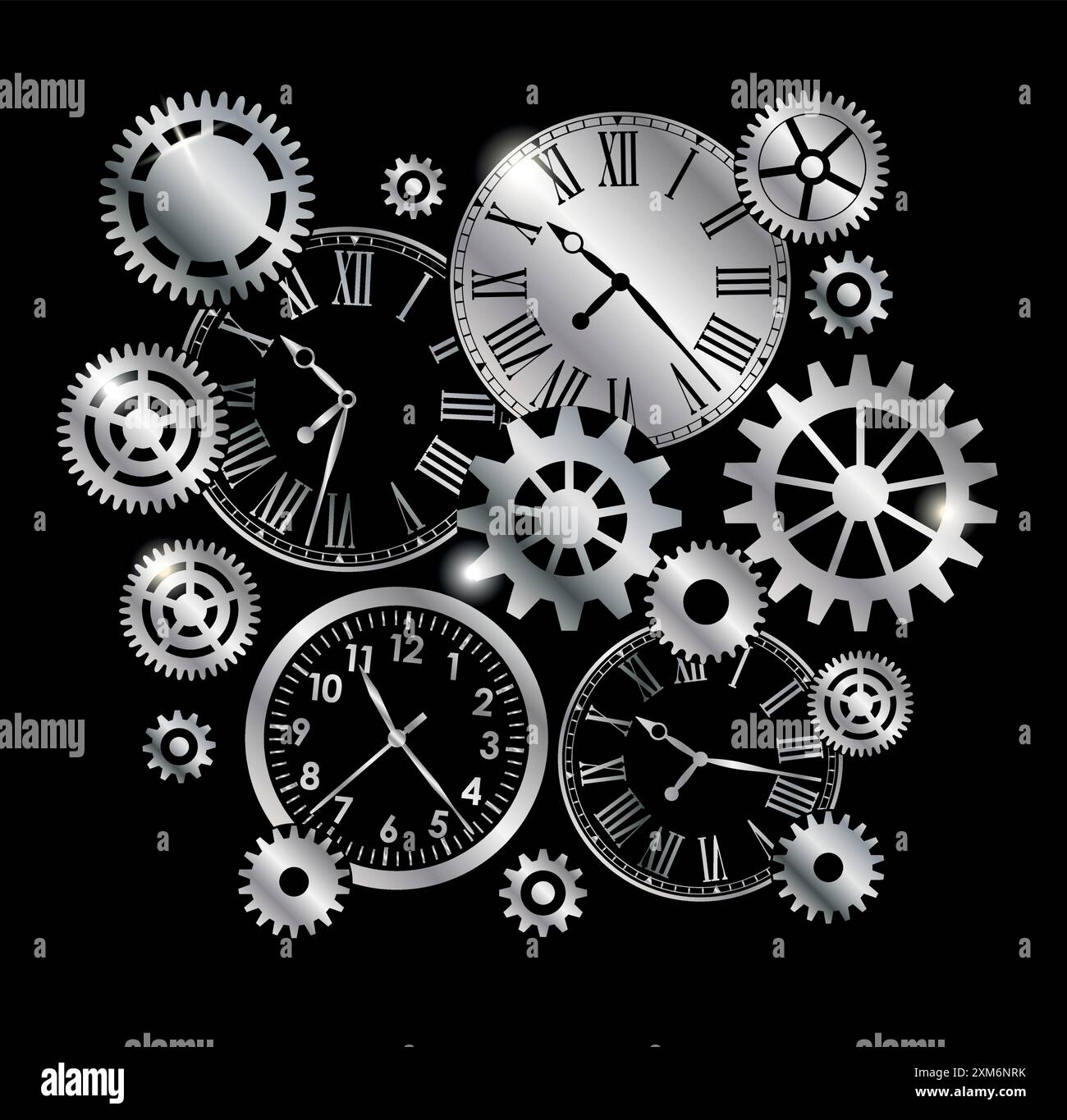 Silver metal clocks and gears and mechanisms on black background Stock ...