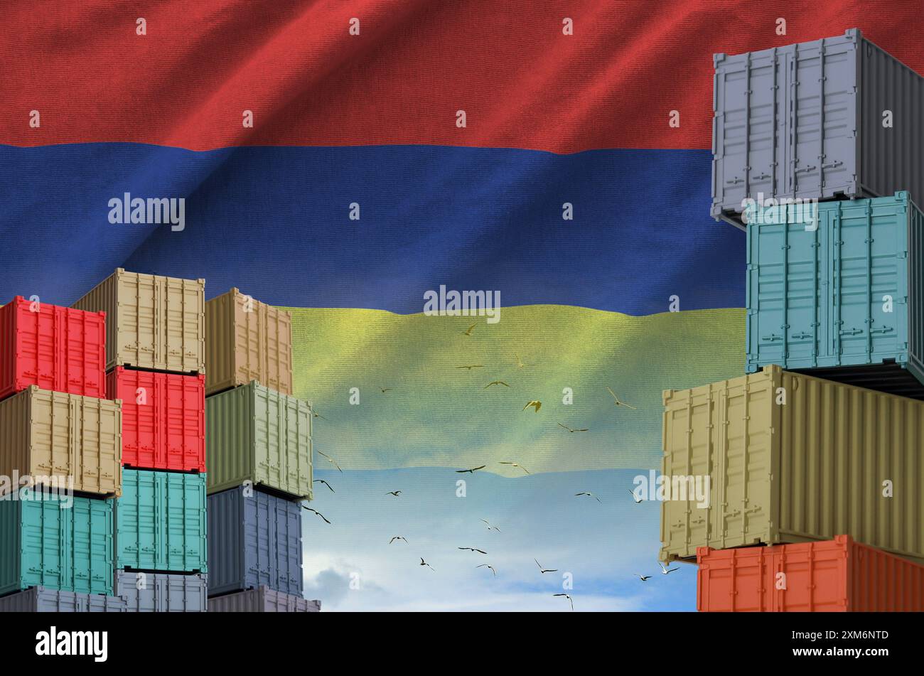 Mauritius flag and big stack of shipping cargo containers in docks with ...