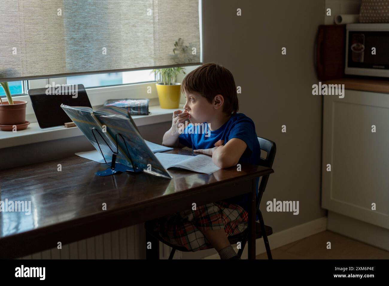 stressed tired boy doing homework at home at the desk by the window ...