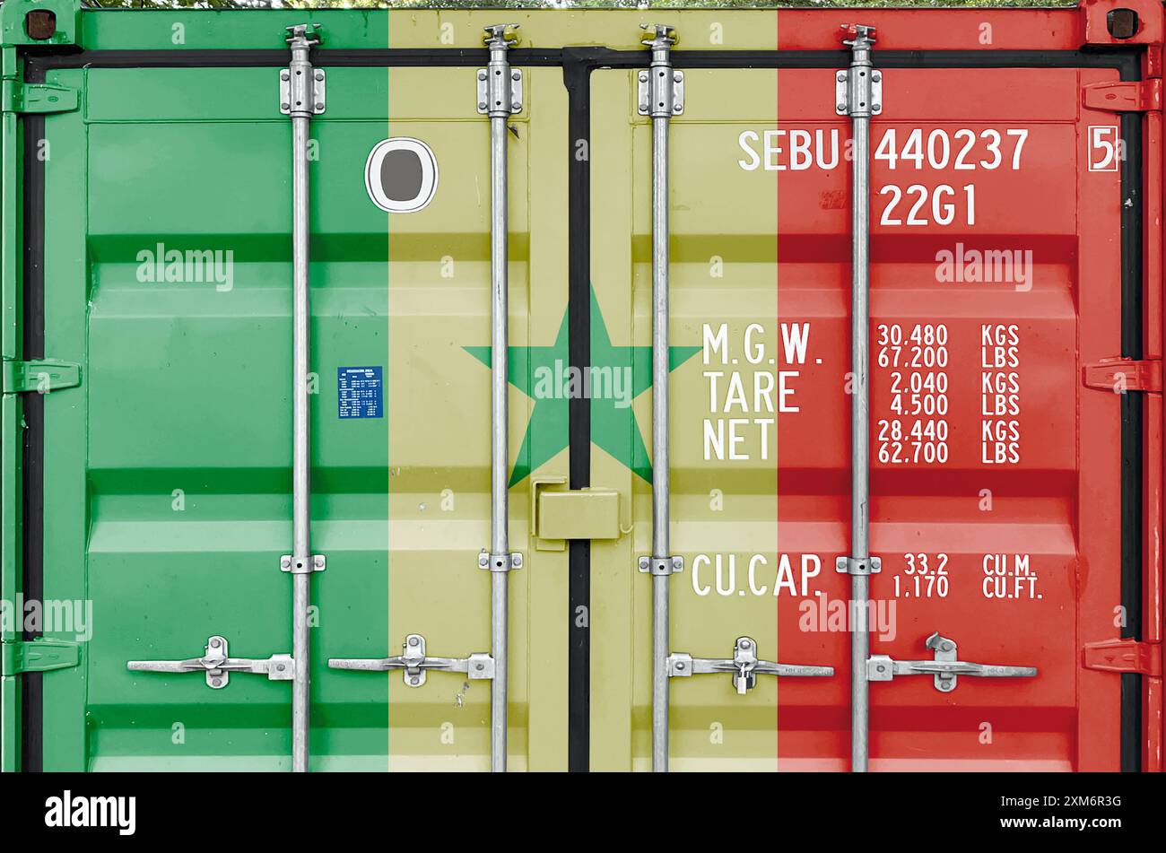 Senegal flag depicted on metal doors of shipping cargo container ...