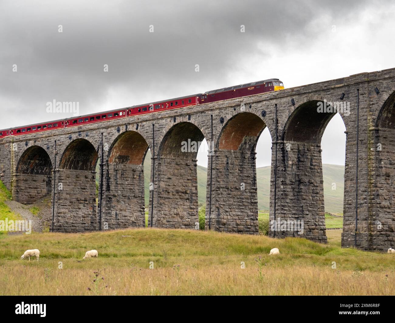 A steam train crossing the famous Ribblehead viaduct on the Settle ...