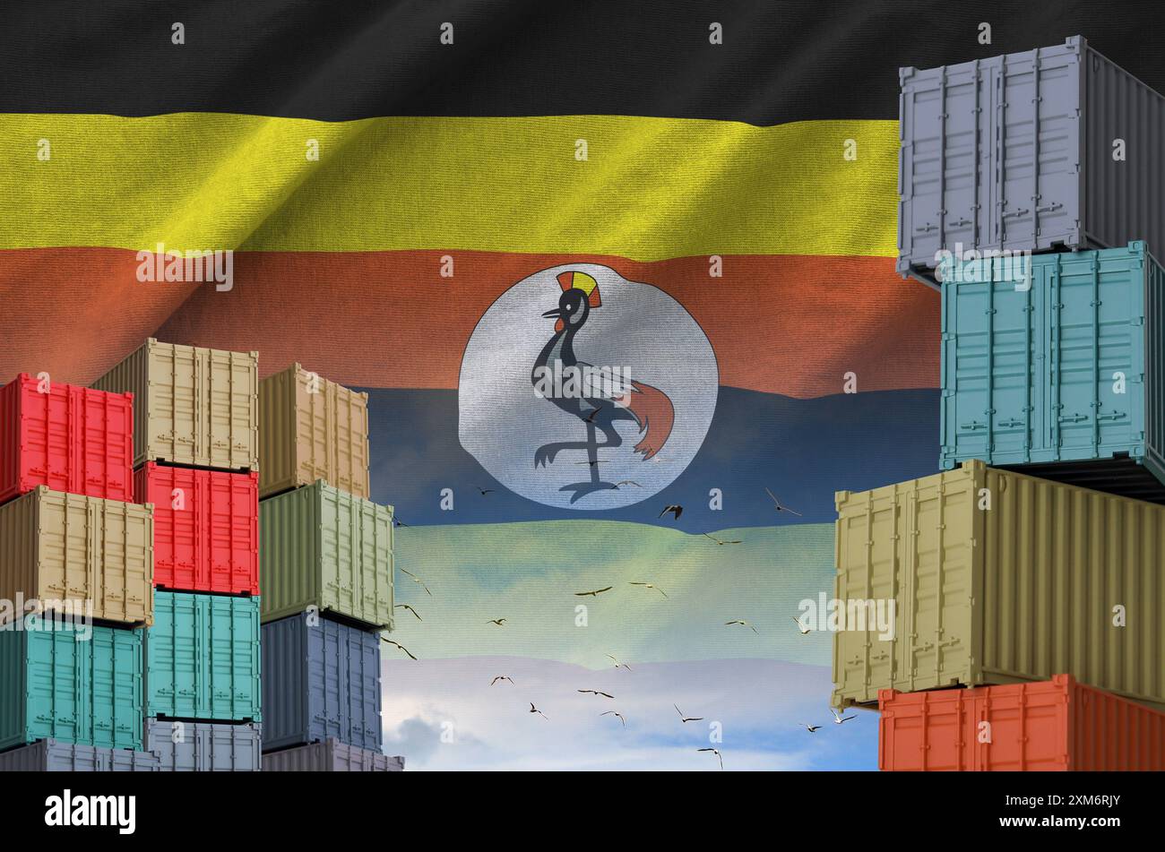 Uganda flag and big stack of shipping cargo containers in docks with ...