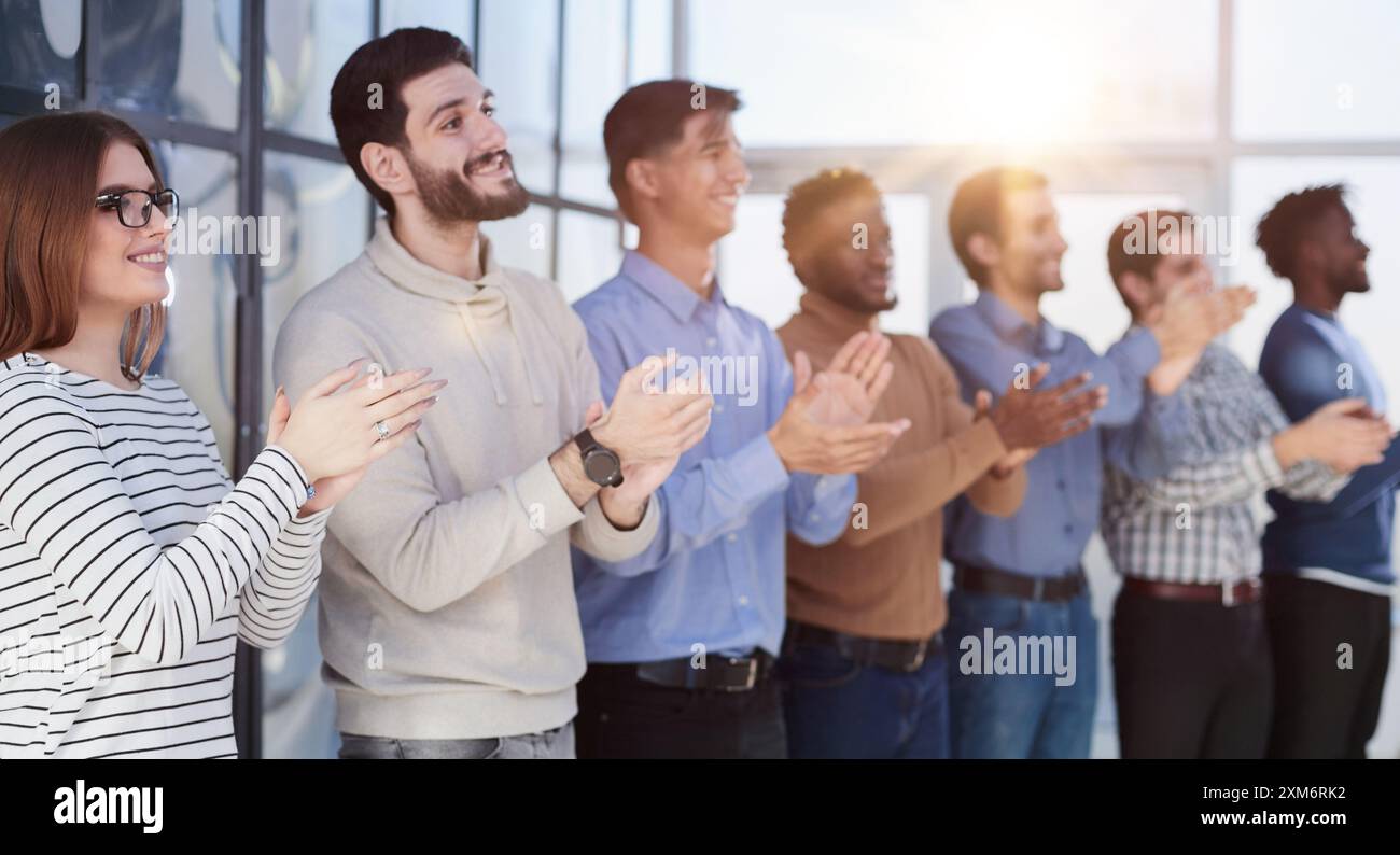 Close up side profile, different participants business people stand and ...
