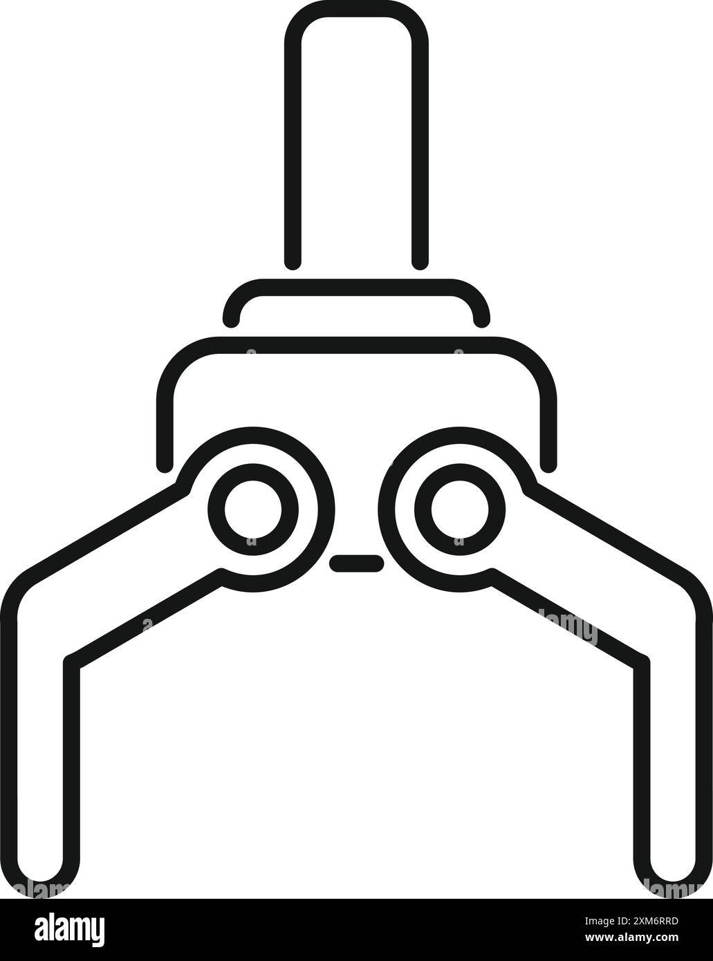 Simple black line icon for industrial robot arm picking up object, isolated on white background ...