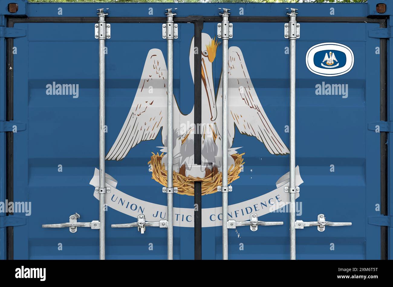 Louisiana US state flag depicted on metal doors of shipping cargo ...