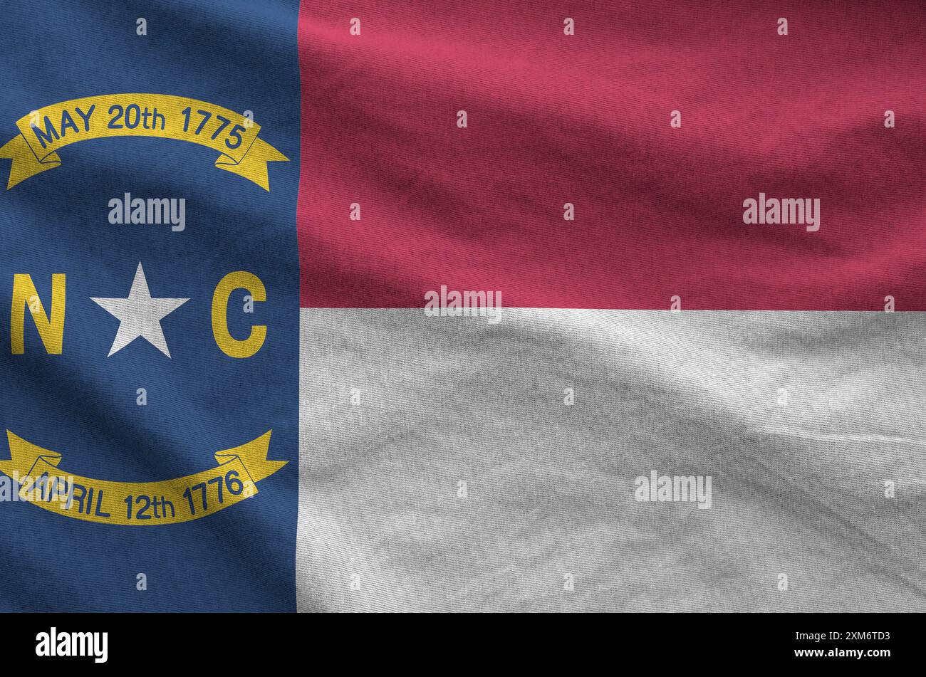 North Carolina US state flag depicted on folded wavy fabric of old ...