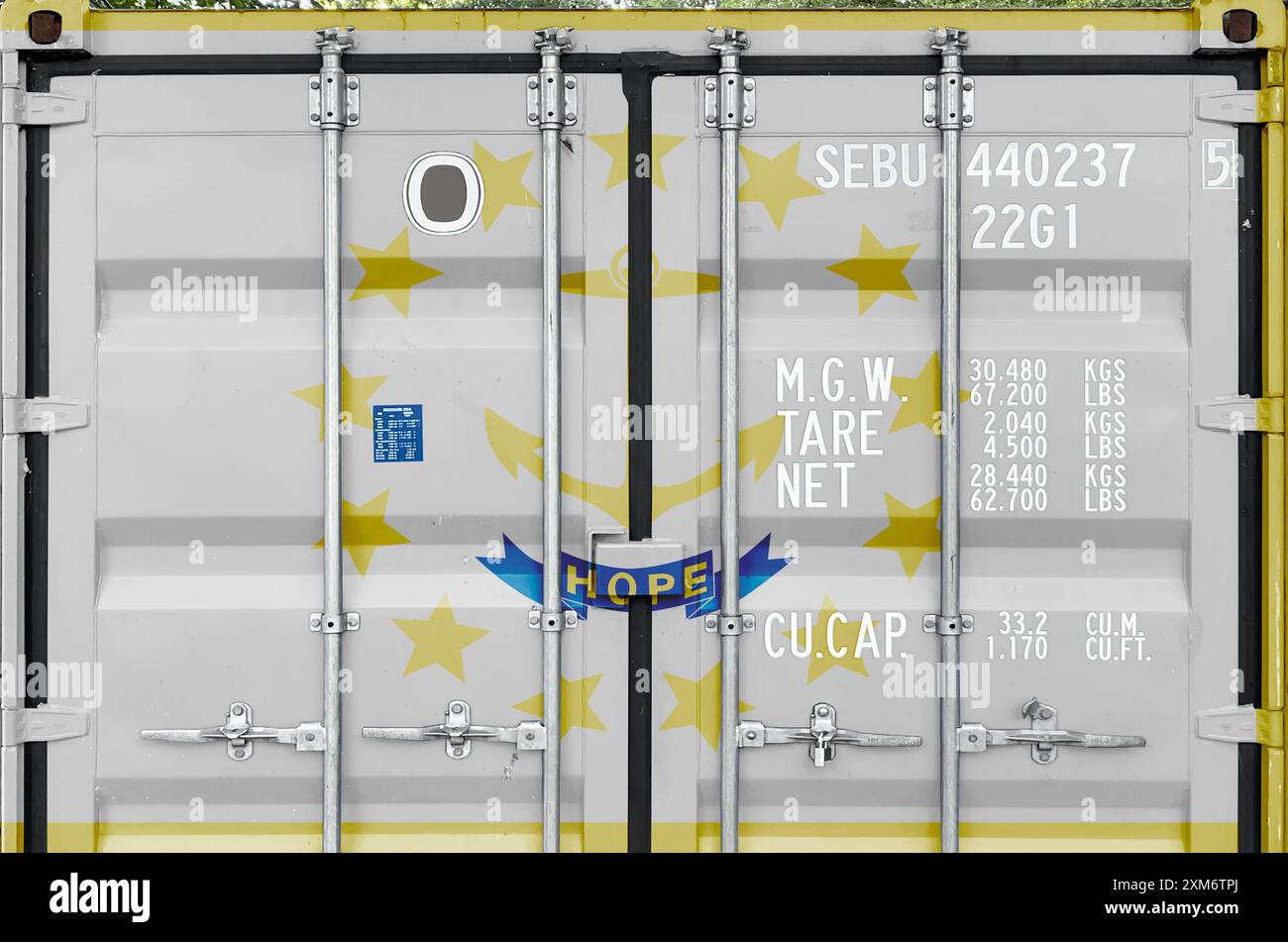 Rhode Island US state flag depicted on metal doors of shipping cargo ...