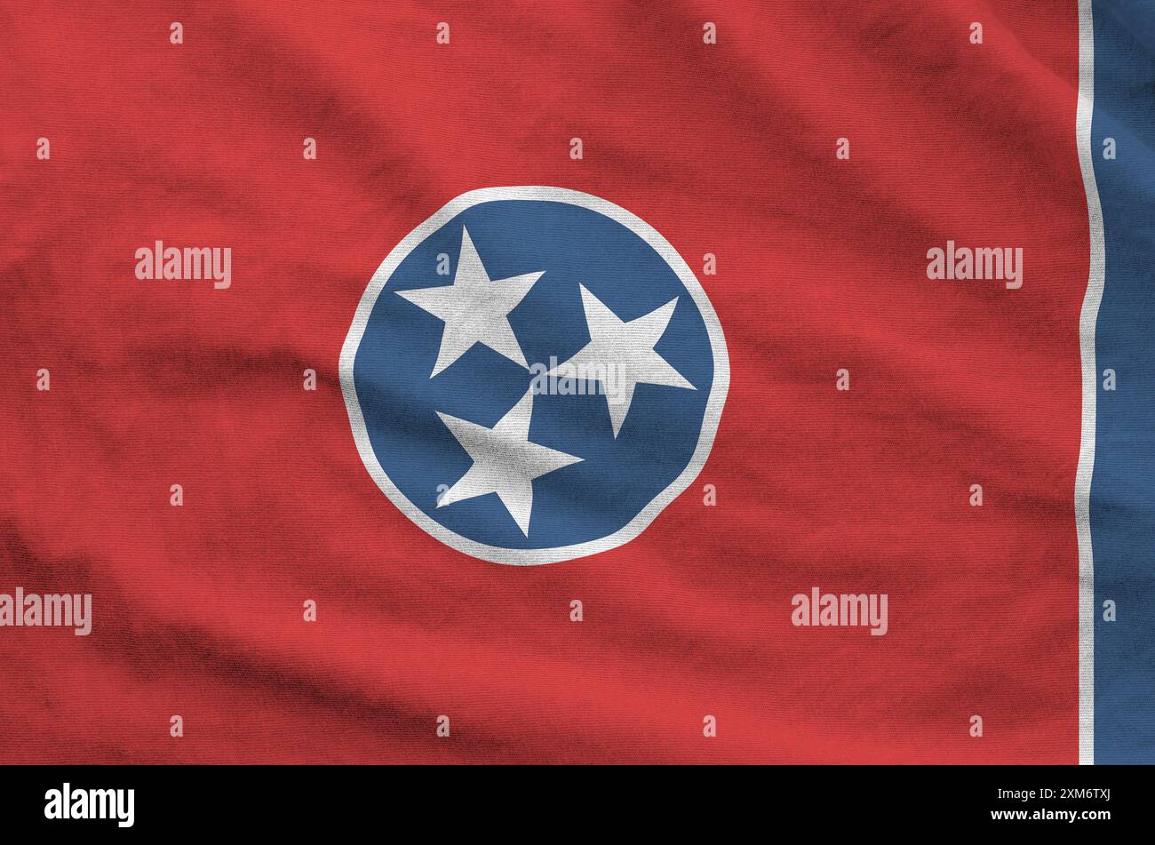 Tennessee US state flag depicted on folded wavy fabric of old cloth ...