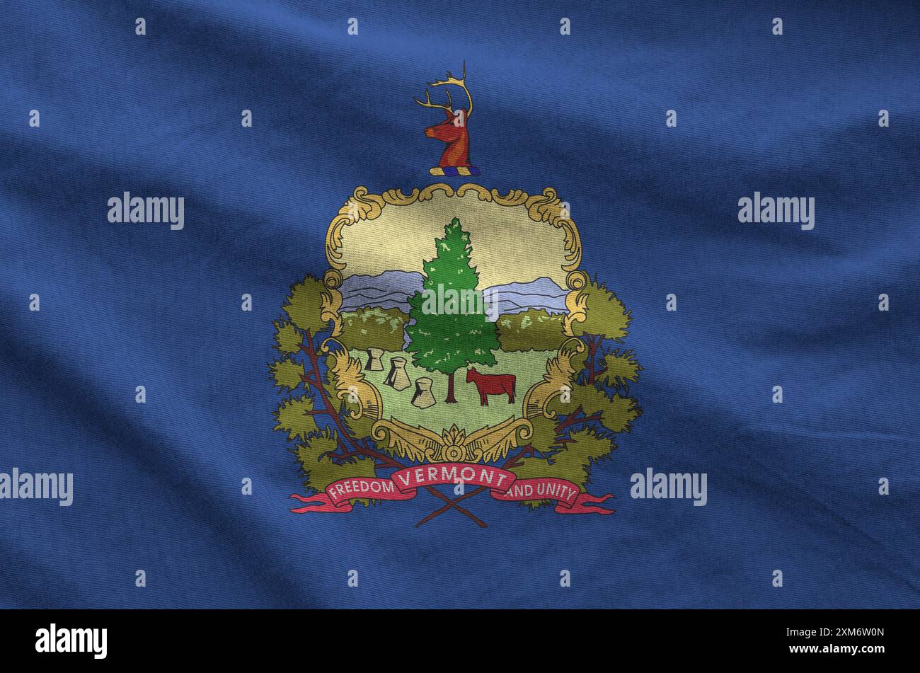 Vermont US state flag depicted on folded wavy fabric of old cloth close ...