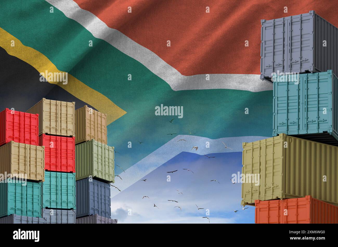 South Africa flag and big stack of shipping cargo containers in docks ...