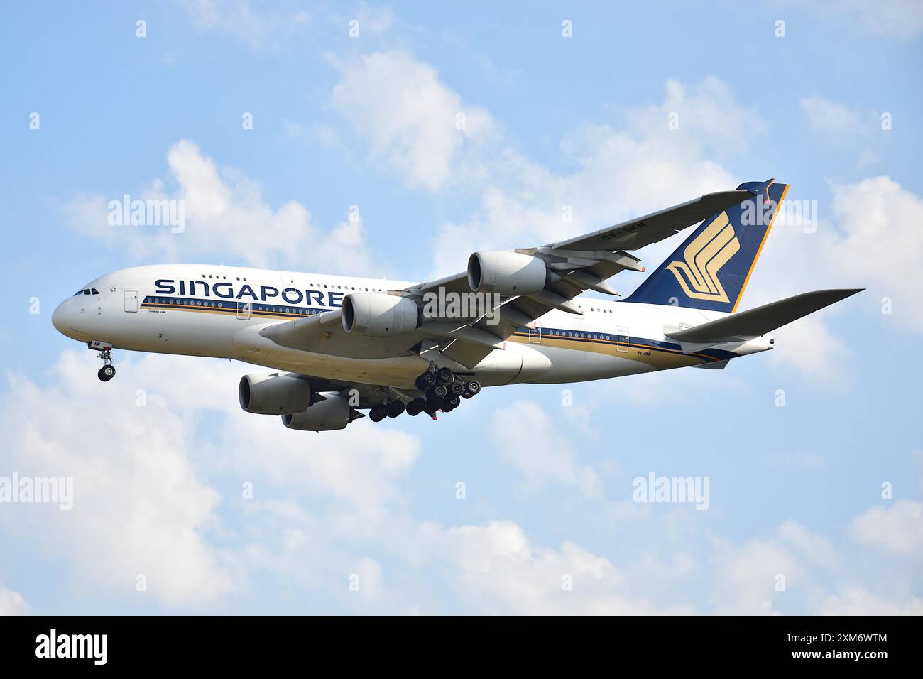 A Singapore Airlines Airbus A380-841 landing on Runway 07R at Frankfurt Intl. Airport in Germany ...