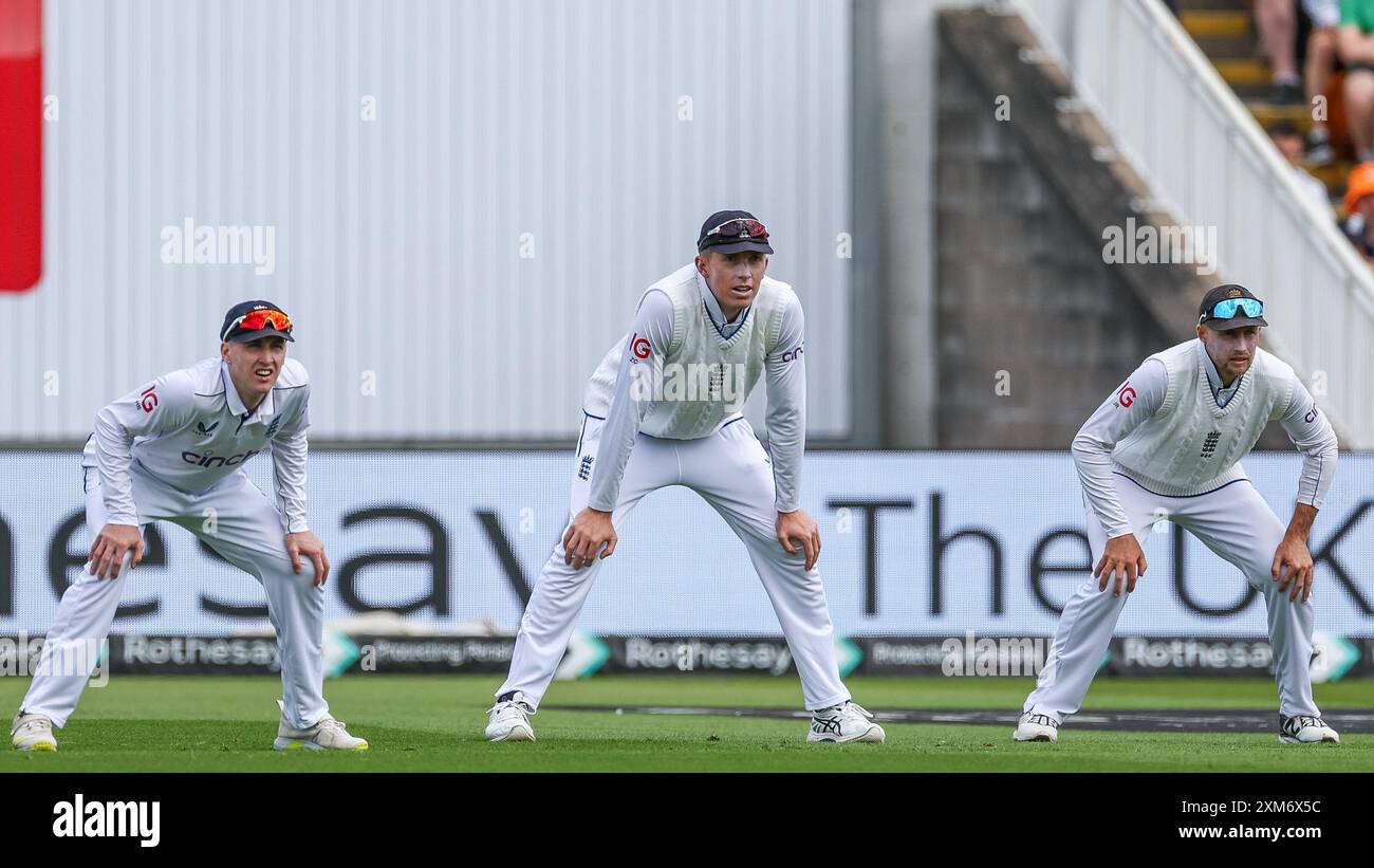 Birmingham, UK. 26th July, 2024. Harry Brook, Zak Crawley & Joe Root of ...