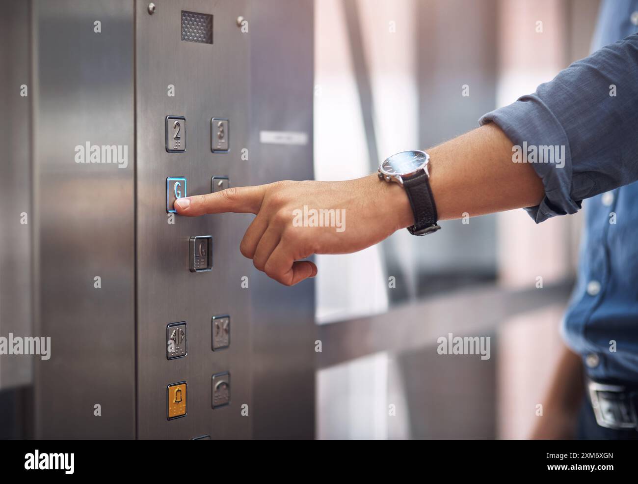 Elevator button, businessman, and hand with office building, lift for ...