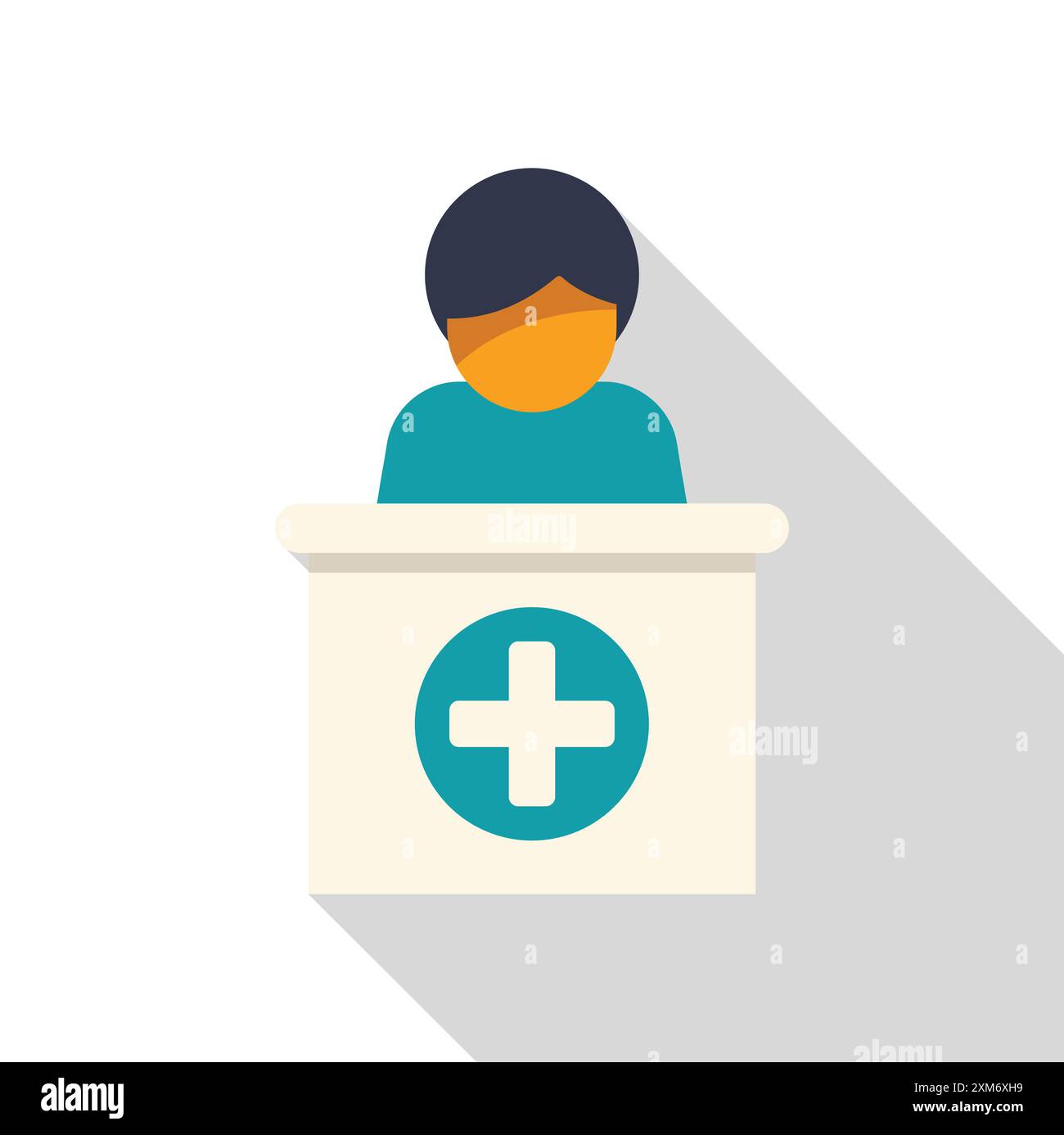 Pharmacist standing behind counter at the drugstore with cross sign ...