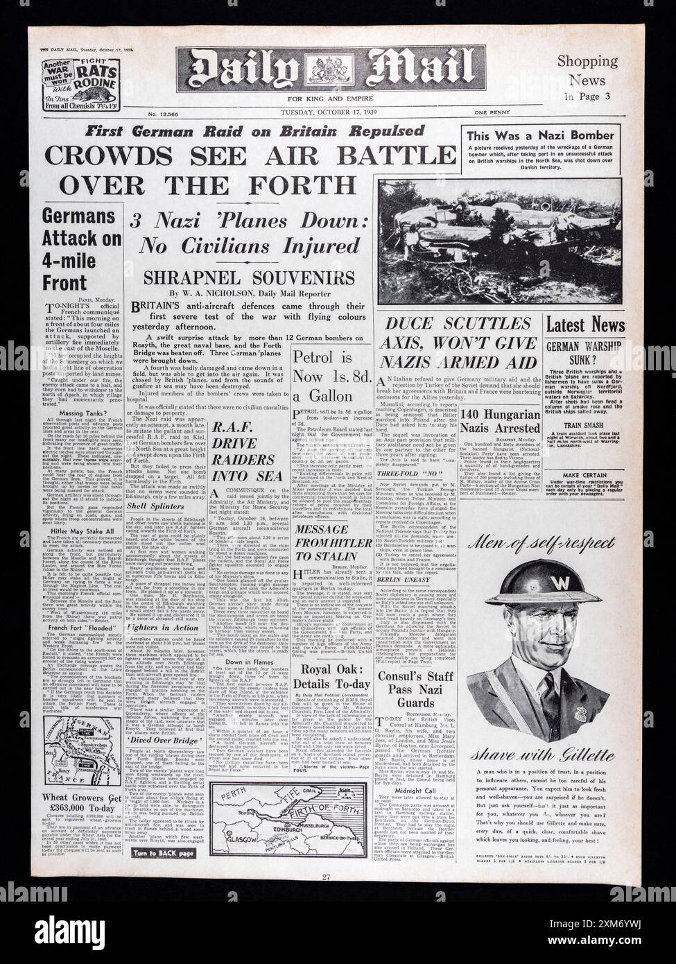 "Crowds see air battle..." headline on the front page of the Daily Mail ...