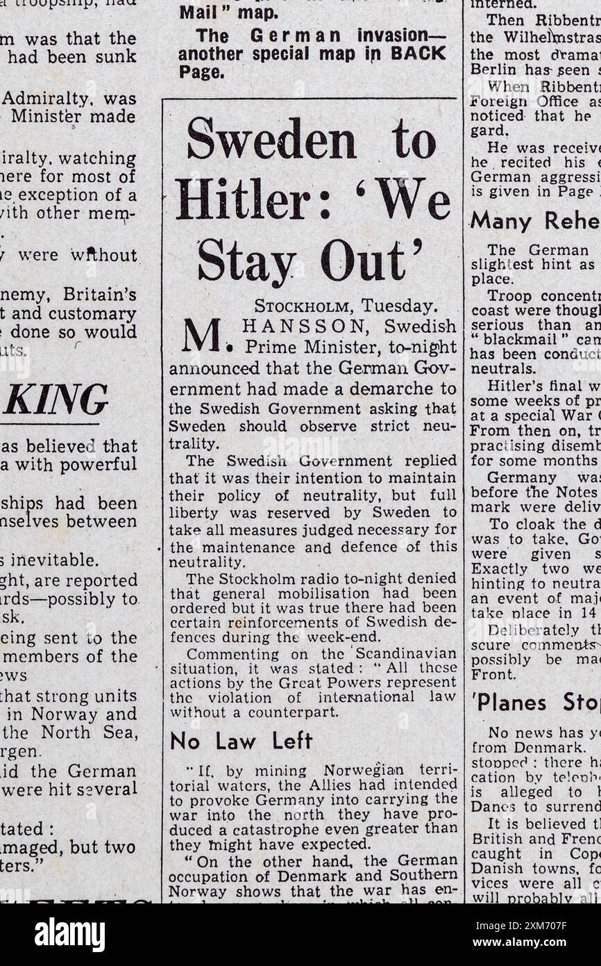 "Sweden to Hitler: 'We stay out'" headline on the front page of the ...
