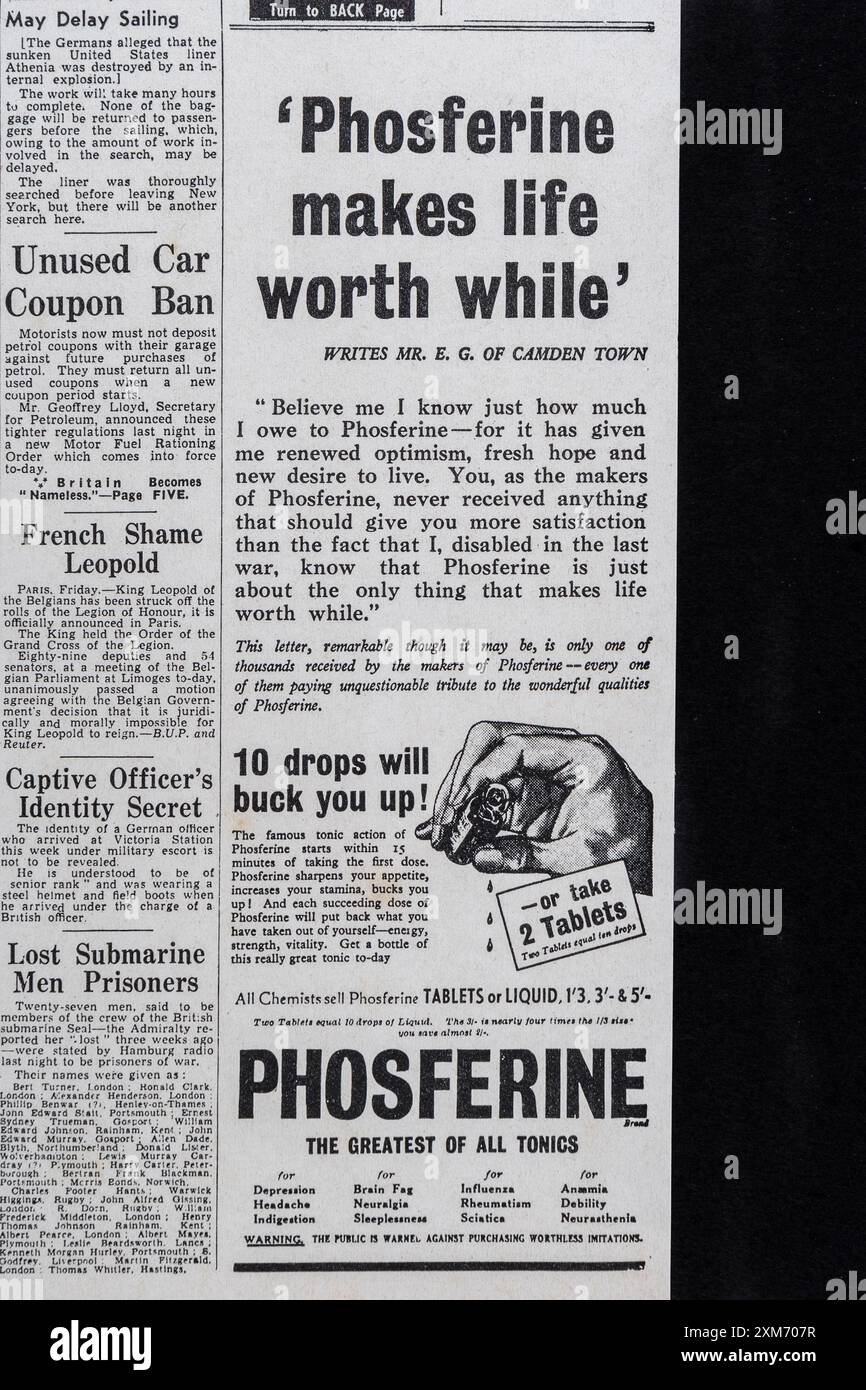 Advert for Phosferine, "The Greatest of all Tonics" on the front page ...