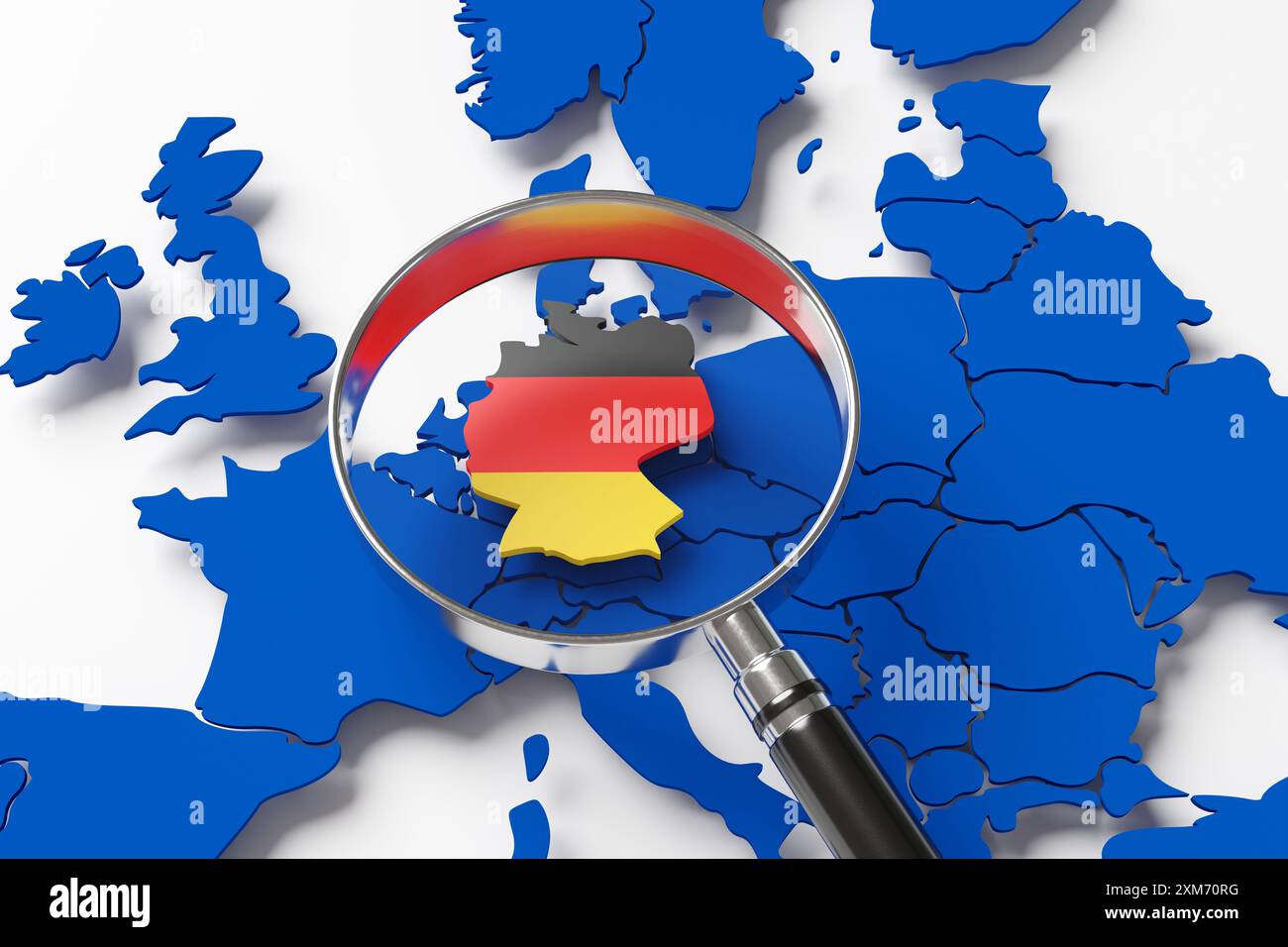 Magnifying glass focusing on Germany boundary painted in national flag ...