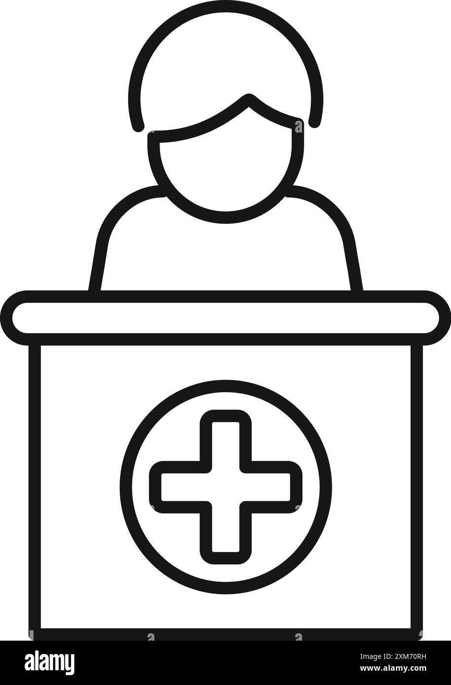 Line drawing of a pharmacist standing at a counter with a medical cross ...