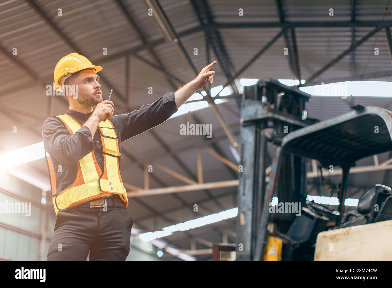smart confident young caucasian forman radio command control operate ...