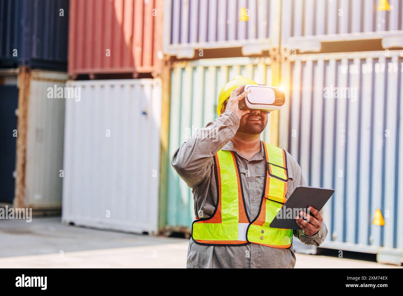 Worker Using VR Vision Pro Technology Equipment Headset Device Work at ...