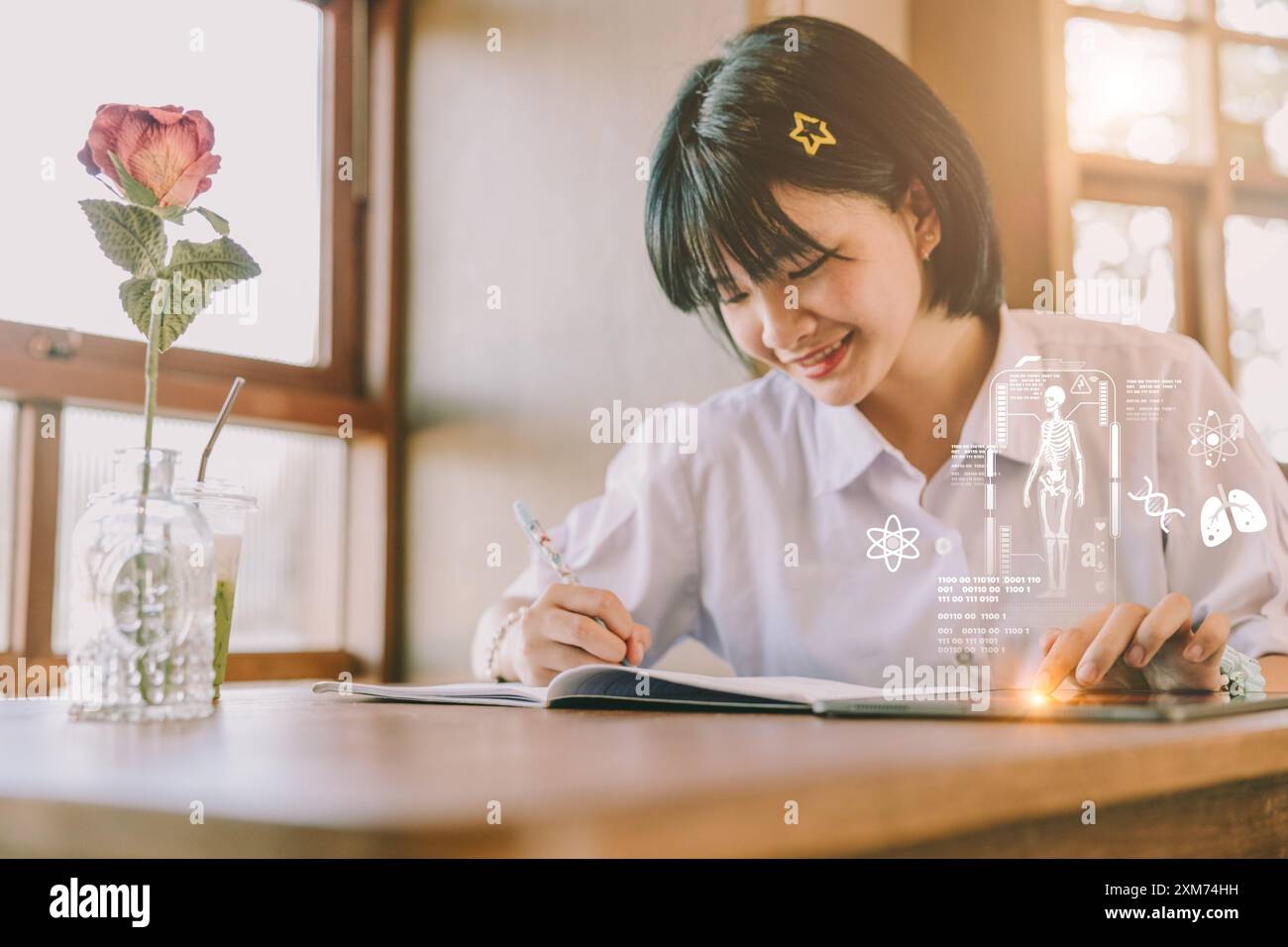 Young Asian school teen girl uniform happy using Visual advance ...