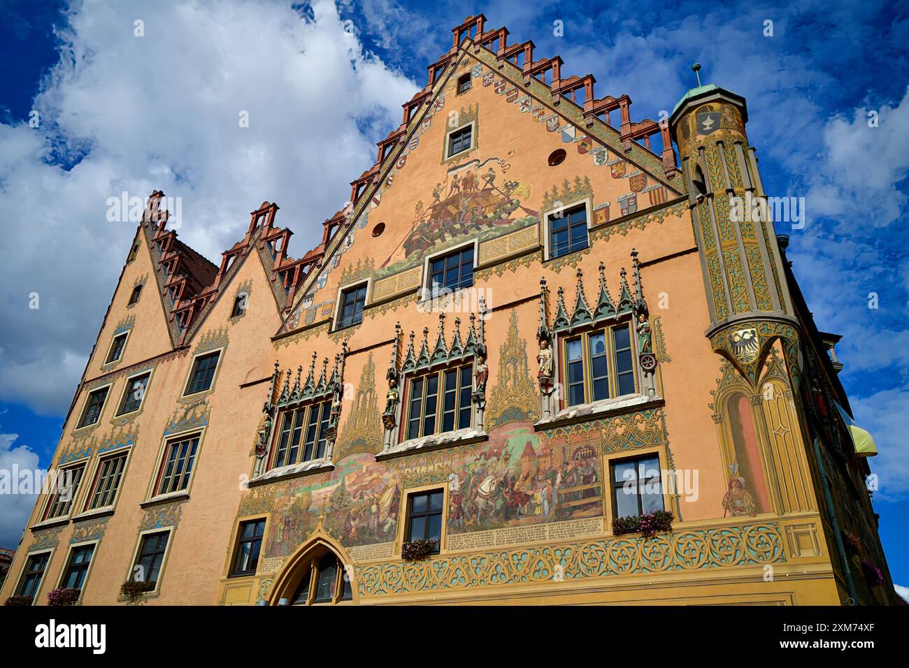 Historic Ulm Town Hall, facade with mural painting on the south side ...