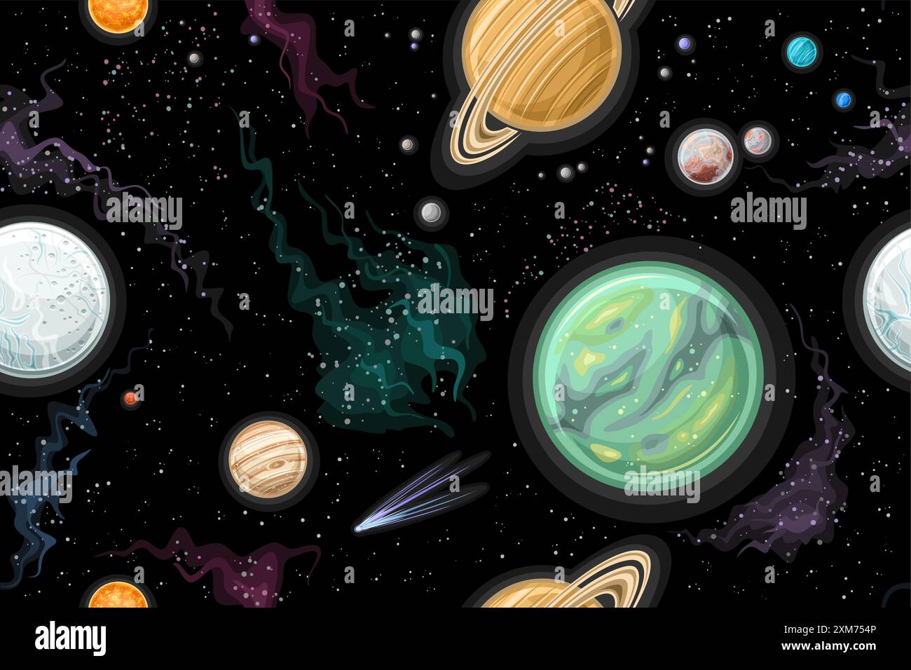 Vector Fantasy Space Card, horizontal astronomical poster with cartoon ...