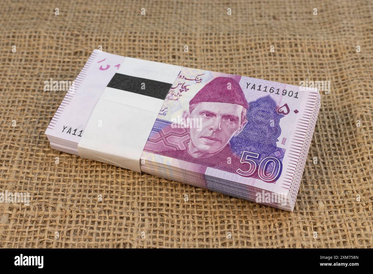 Pakistani 50 Rupee Banknotes Bundle on Burlap with Copy Space Stock ...