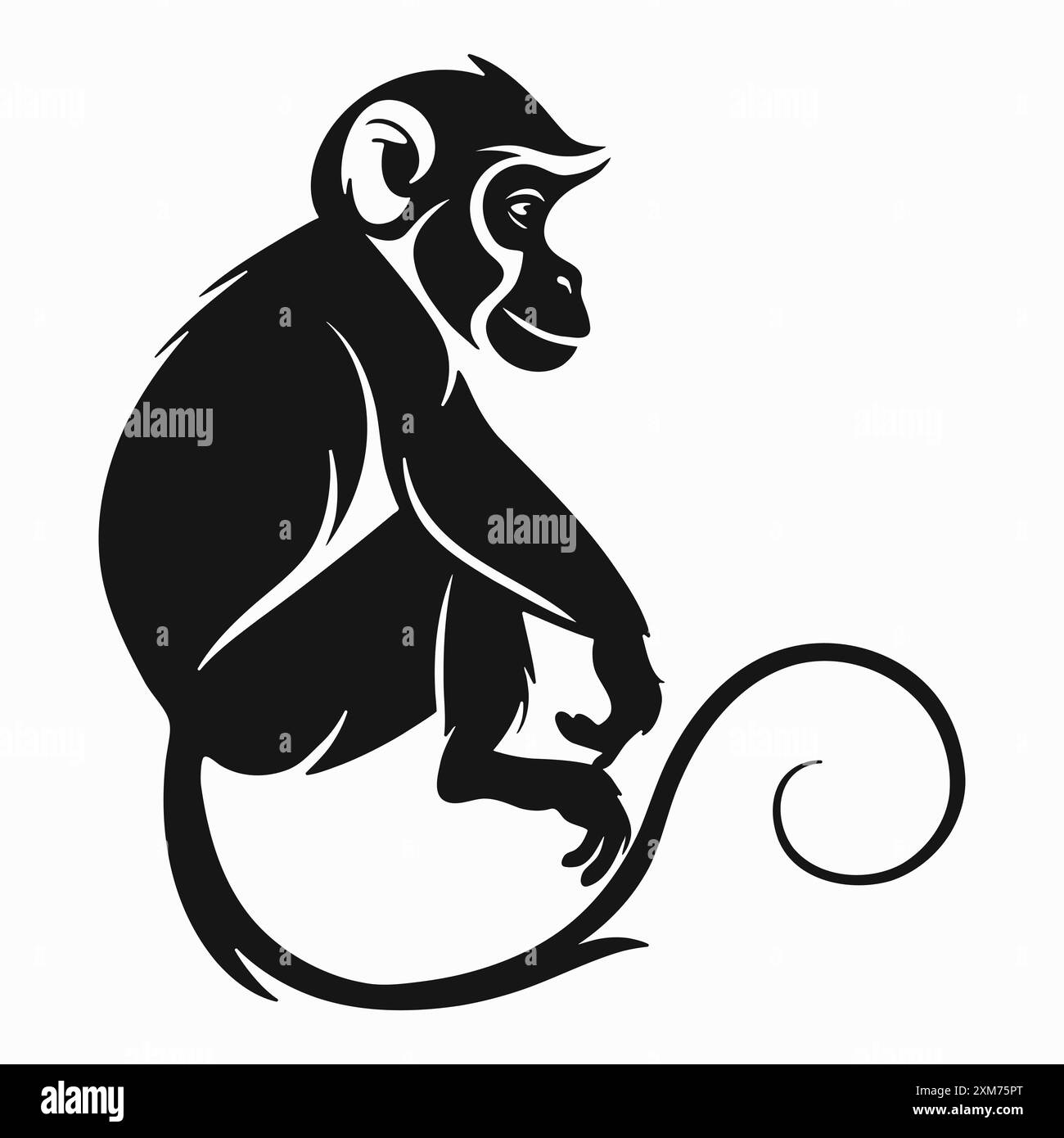 Sitting monkey black silhouette with long tail. Vector design element ...