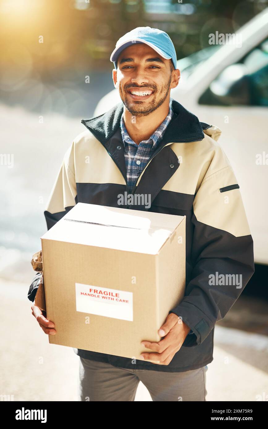 Happy, man or courier with cardboard boxes in portrait for shipping ...
